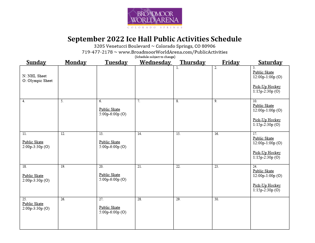 Public Activities Schedule | Broadmoor World Arena